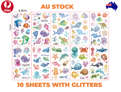 10x Glitter shiny Ocean Fish temporary tattoo sticker shark dolphin ...