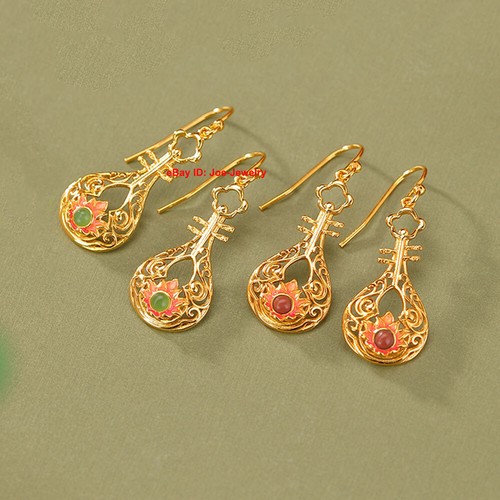Natural Grade A Jade Gold Plated Solid 925 Silver Chinese Lute Dangle ...