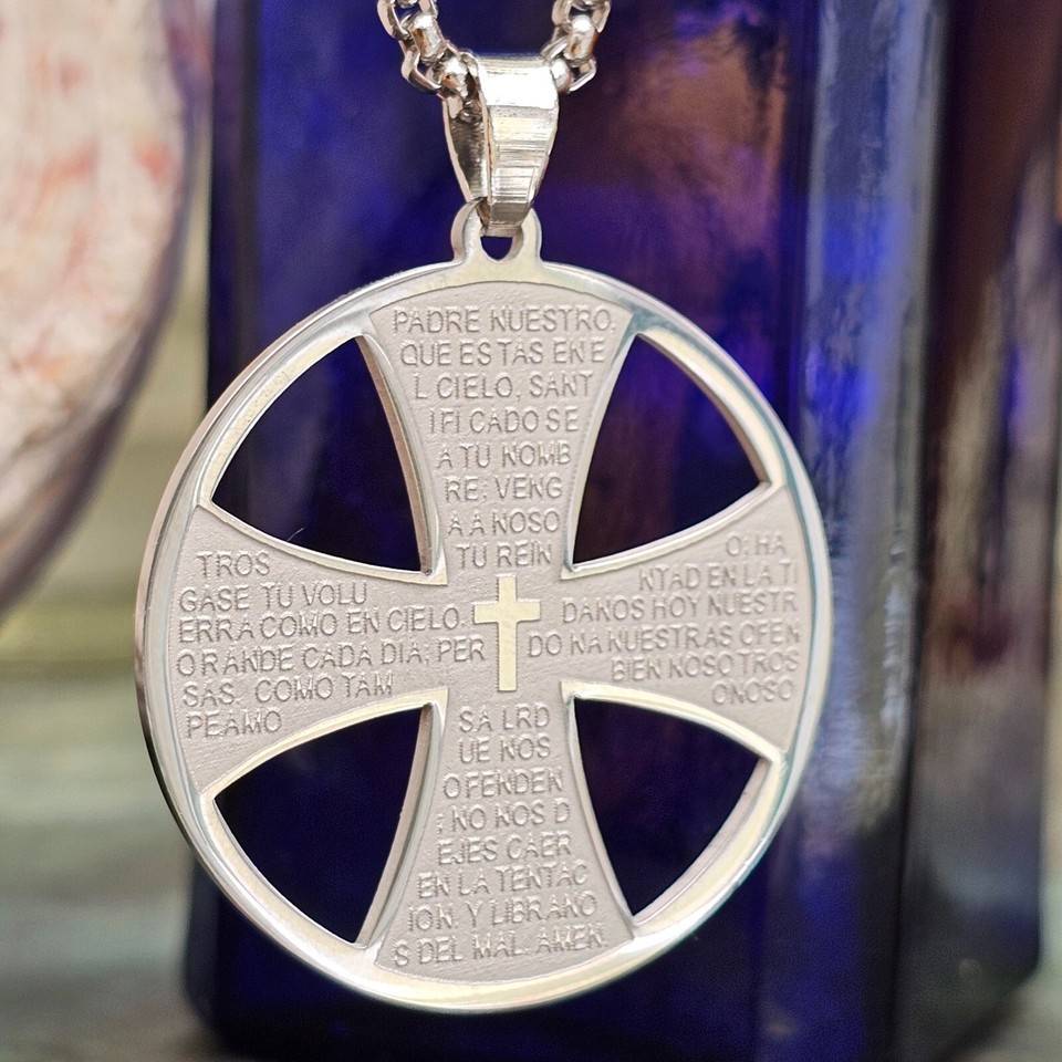 Lords Prayer Cross Pendant Necklace Templar Spanish Script Steel 22 ...
