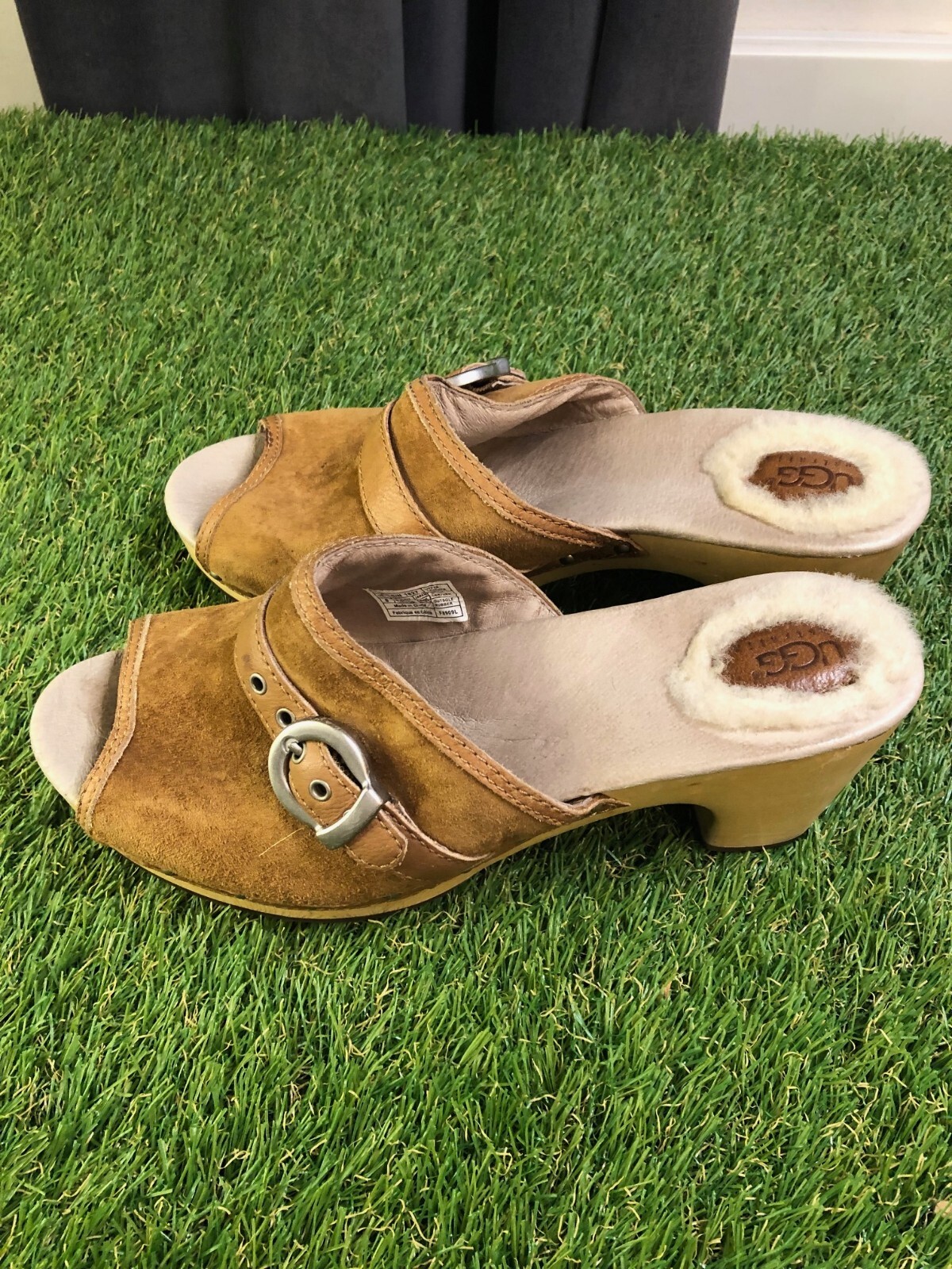 UGG Katherine Brown Peep Open Toe Clog Mule Shoes Lea… - Gem