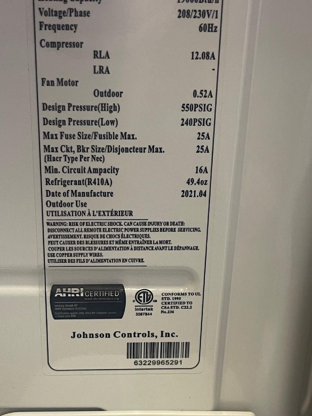 Johnson Controls Air Conditioning System 1.5 Ton Outdoor Unit ...