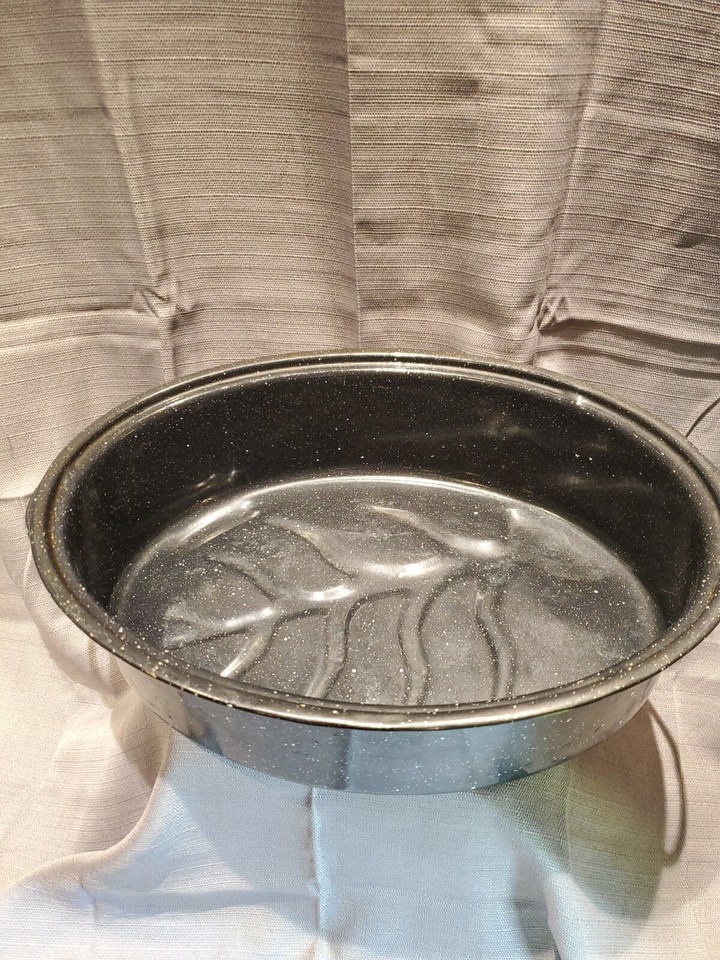 Vintage Large Turkey Roasting Pan Speckled Black Enamel Oval Roaster ...
