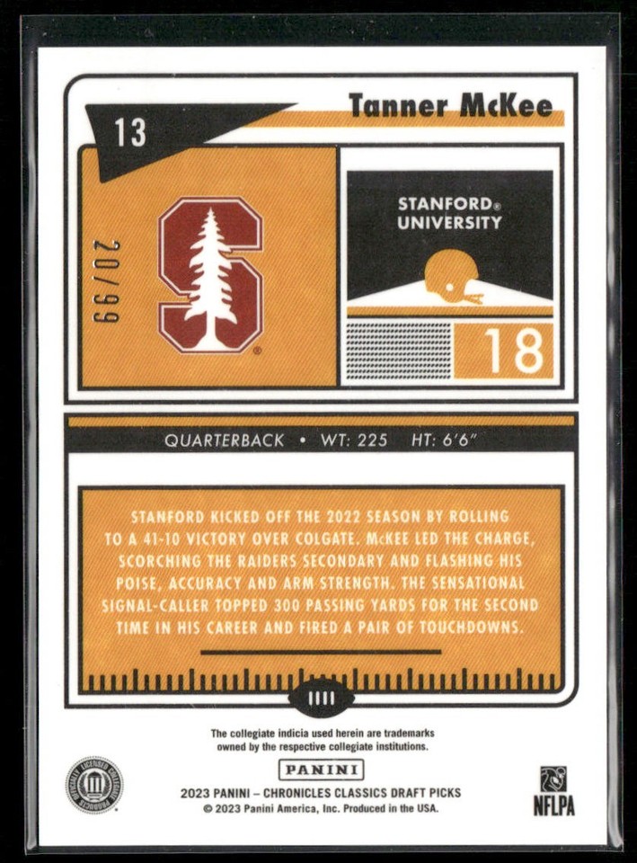 Tanner McKee Auto Bue AU,/99 2023 Panini Chronicles DP Stanford ...