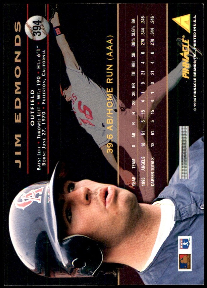 Jim Edmonds 1994 Pinnacle #394 Angels MLB READ FREE SHIPPING ...