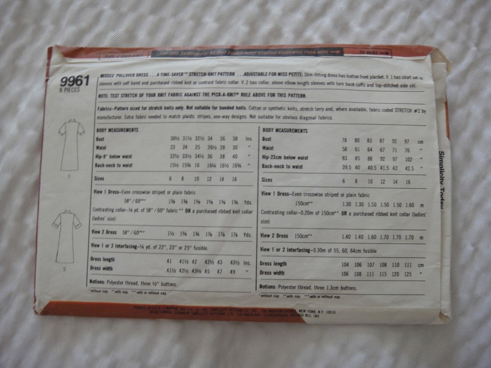 Vtg 1981 Simplicity Pttn 9961 Miss Pullover Dress Sz 6 8 10 Stretch ...
