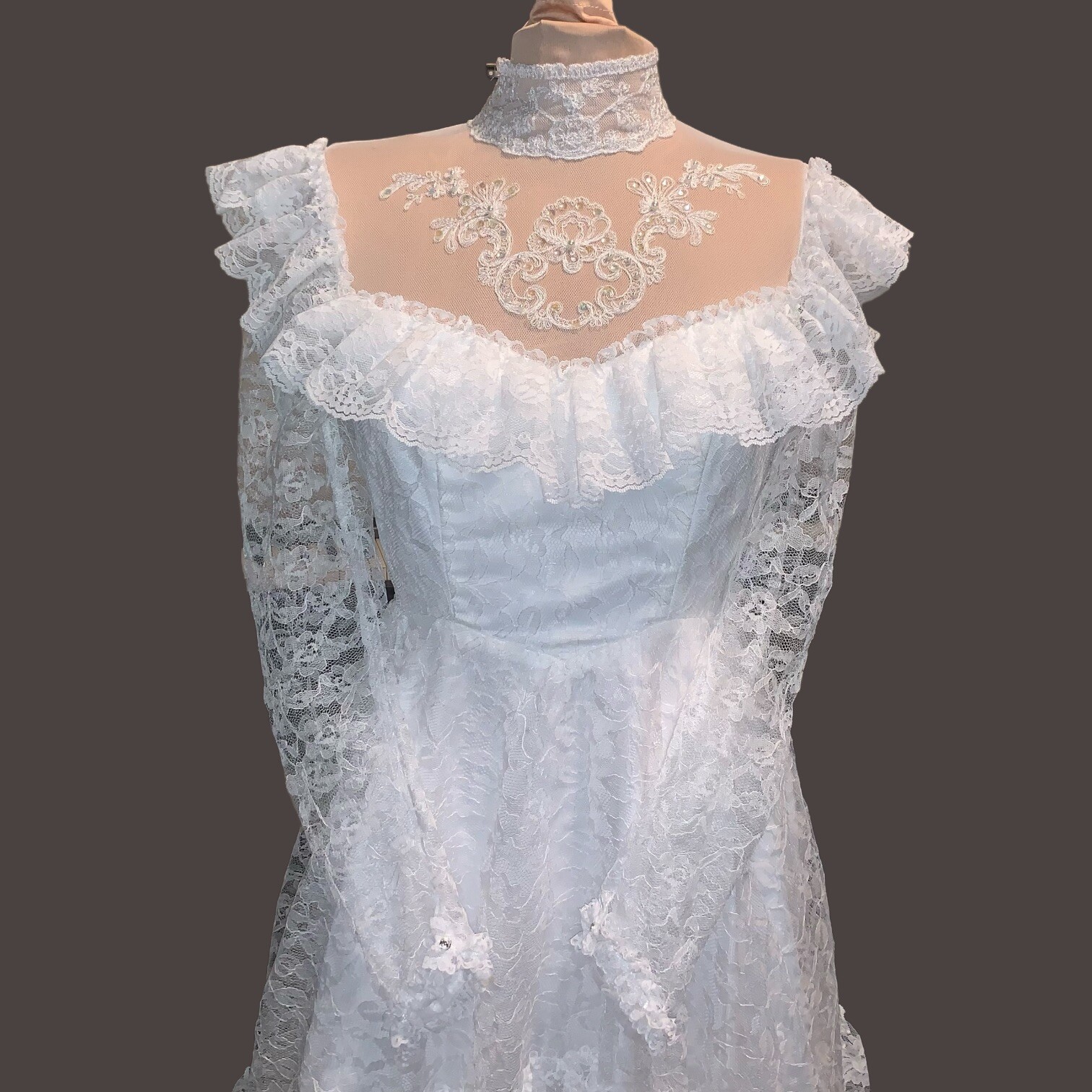 Vintage White Lace Wedding Gown Dress Romantic Boho Victorian Bell Sz 7 ...