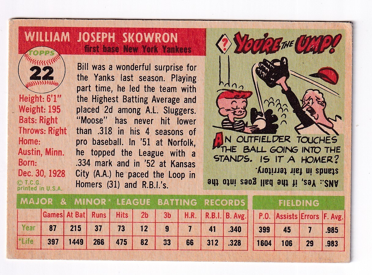 Bill "Moose" Skowron Yankees 1955 Topps ML Baseball Card # 22 NY ...