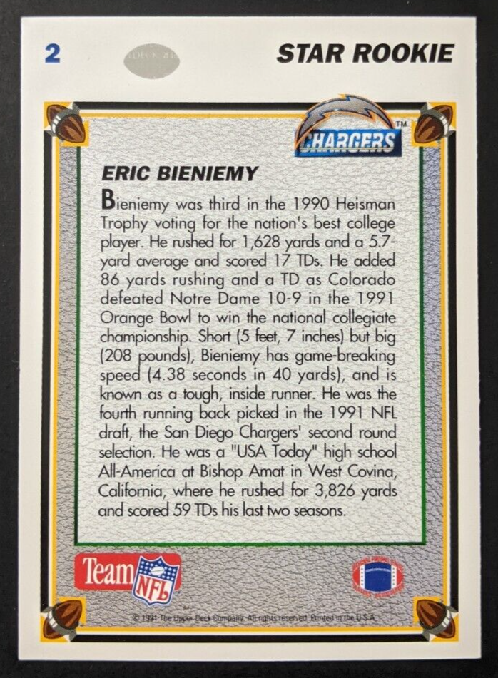 Eric Bieniemy 1991 Upper Deck #2 Football Card RC Rookie 1991 Hologram ...