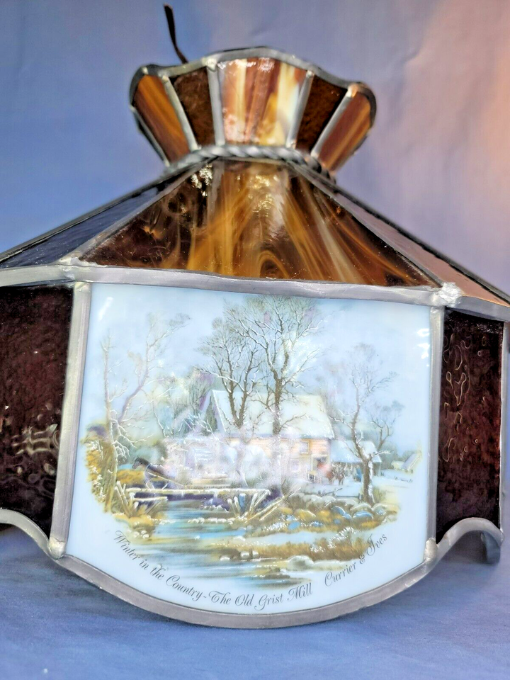 Vintage Tiffany Style Stained Glass Lamp Currier & Ives Brown Hanging ...