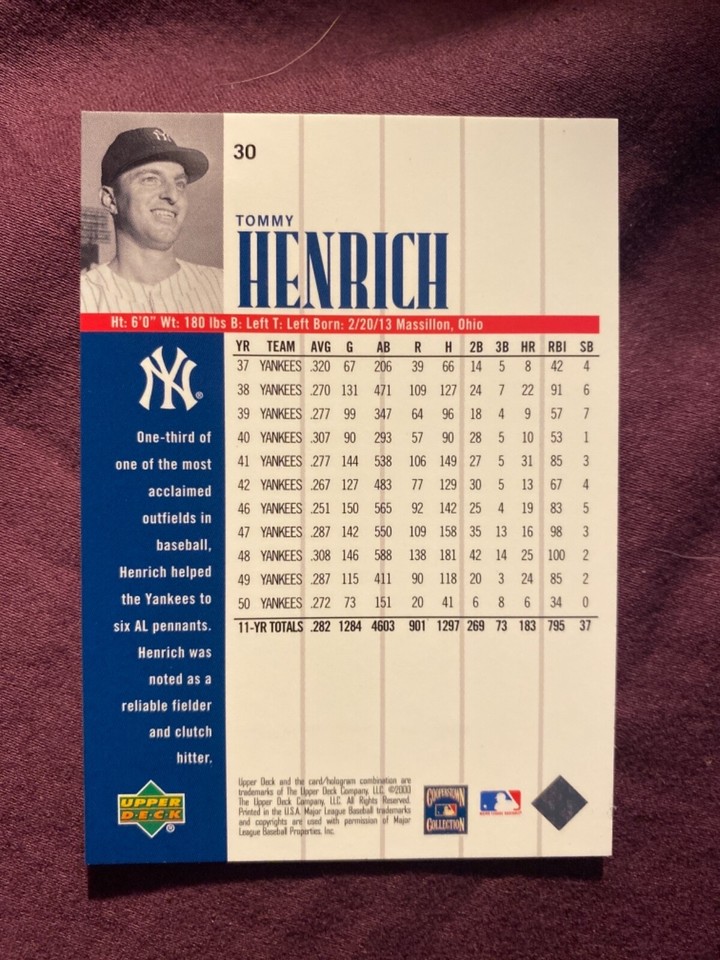2000 Upper Deck Yankees Legends #30 Bobby Henrich Baseball Card | eBay
