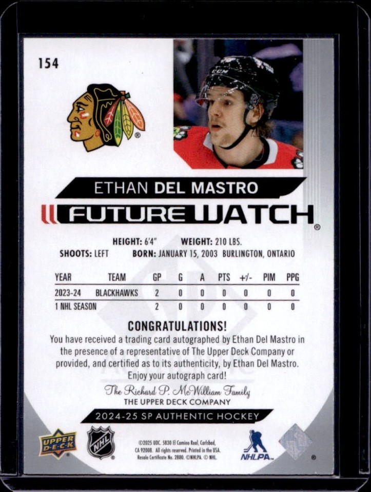 2024-25 SP Authentic Ethan Del Mastro Auto RC Future Watch #285/999 | eBay
