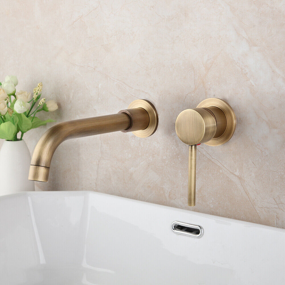 Antique Brass Bathroom Faucet Wall Mounted Single Handle Basin Mixer Vanity Taps