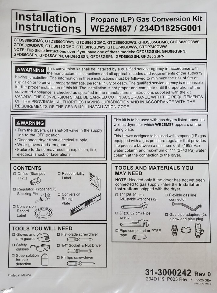 Ge Dryer Natural Gas To Propane Gas Conversion Kit WE25M87 Instructions ...