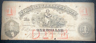 July 21, 1862 $1 Virginia Treasury Note - CIVIL WAR Era Confederate ...