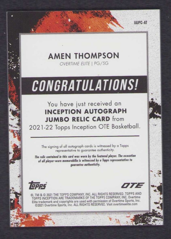 TOPPS INCEPTION OTE AMEN THOMPSON RC JUMBO PATCH AUTO RPA #/125 ROCKETS ...