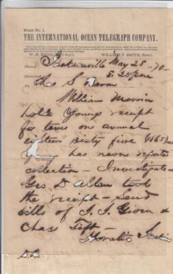 1870, Intl. Ocean Telegraph Co.,Telegram Fm Jacksonville,FL To ...