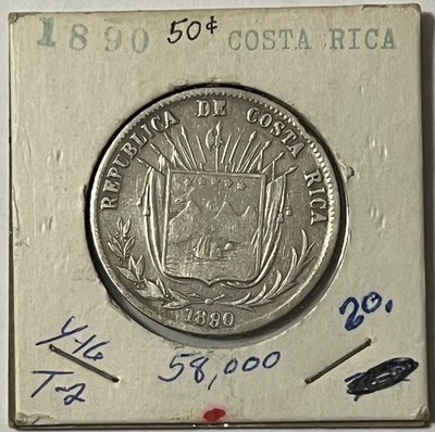 Costa Rica 1890 1890/80 Overdate Low 58k Mintage .750 silver 50 ...