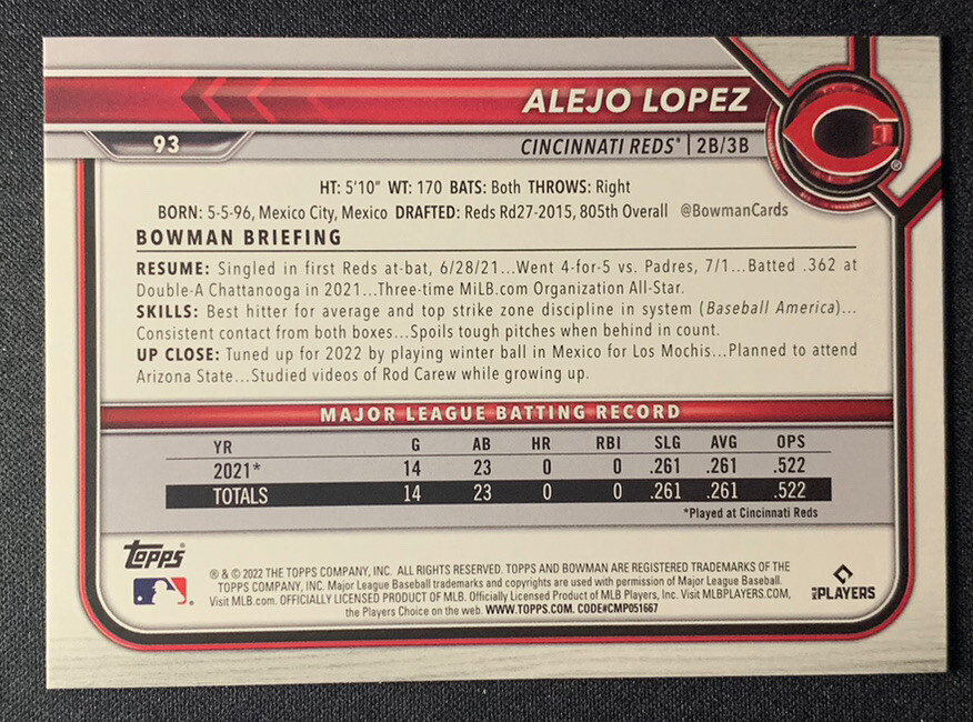2022 Bowman #93 Alejo Lopez RC Reds | eBay