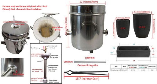 16 KG Gas Metal Melting Furnace Kit Foundry Copper Crucible Tongs Gas ...