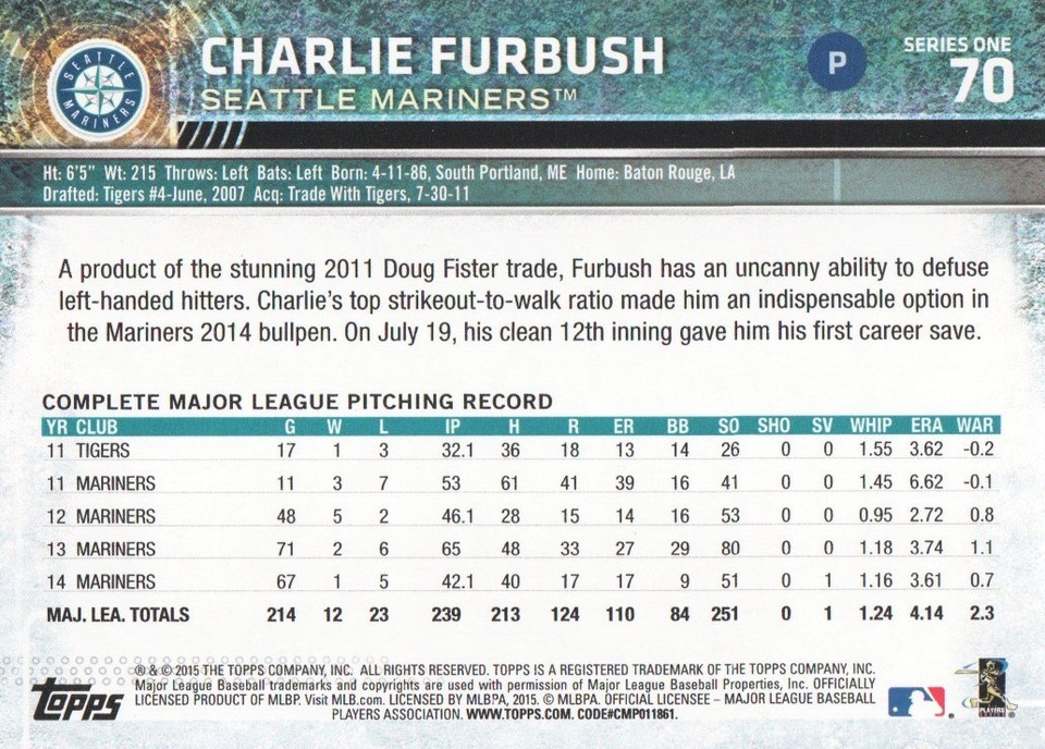 2015 Topps #70 Charlie Furbush Seattle Mariners | eBay