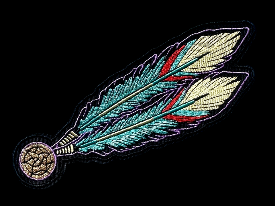 Feather-Shaped Embroidered Patch | Iron-On 6+1/2 x 2+1/4-inch blue/red ...