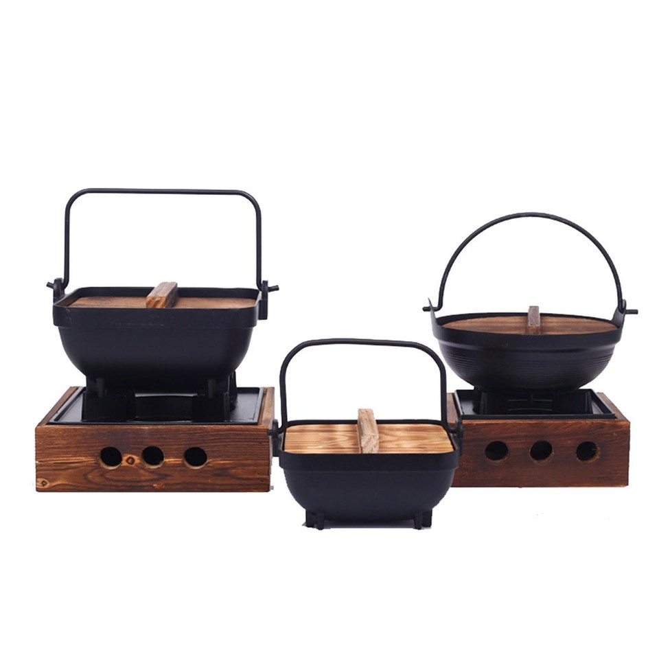 Cast Iron Hanging Pan W/Wood Lid Japanese Sukiyaki Stew Pot Camp Pot ...