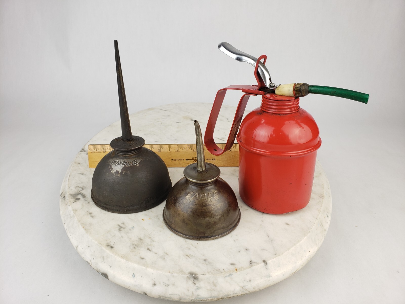 3x Vintage Antique Metal Oil Can Pump Thumb Press Oiler - Eagle S-500 ...