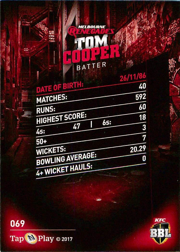 New 2017 2018 MELBOURNE RENEGADES BBL Cricket Card TOM COOPER | eBay