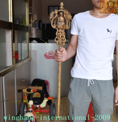 34" Bronze 24K Gold inlay gem Sakyamuni Dharmapala crutch walking stick ...