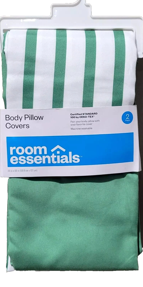Room Essentials Solid & Striped Green Print S/K 2 Body Pillow Cover Set 20 x 50 | eBay