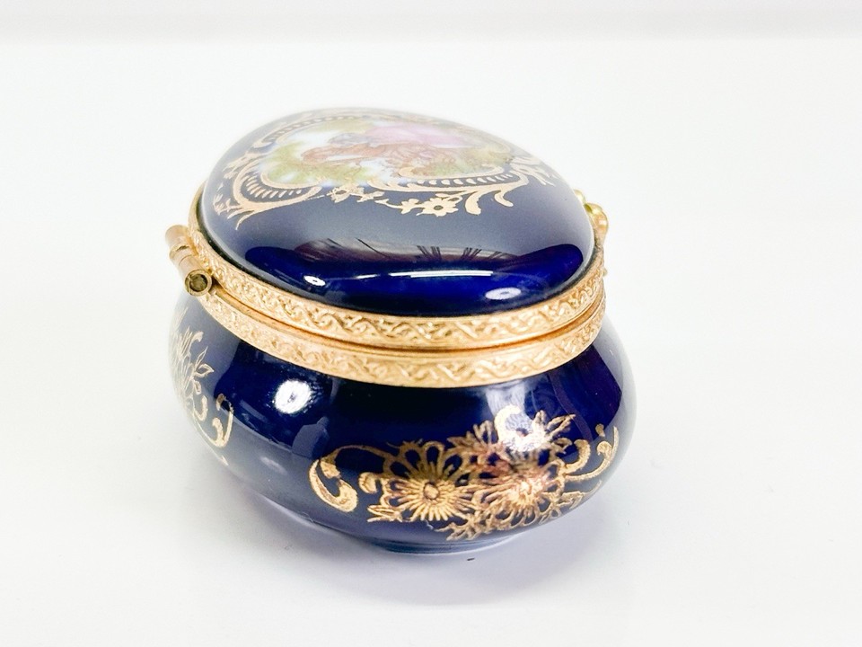 Cobalt Limoges France Pill Trinket Box Victorian Lovers Vintage Blue | eBay