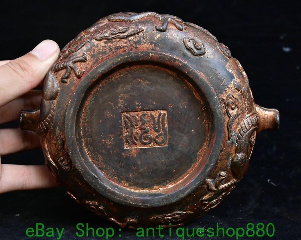 7'' Old Chinese Dynasty Bronze Dragon Loong Beast Incense Burner Censer ...