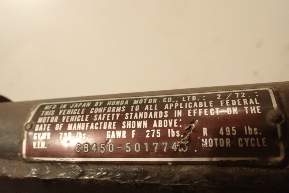 1972 72 HONDA CB450 CB 450 FRAME NO TITLE | eBay