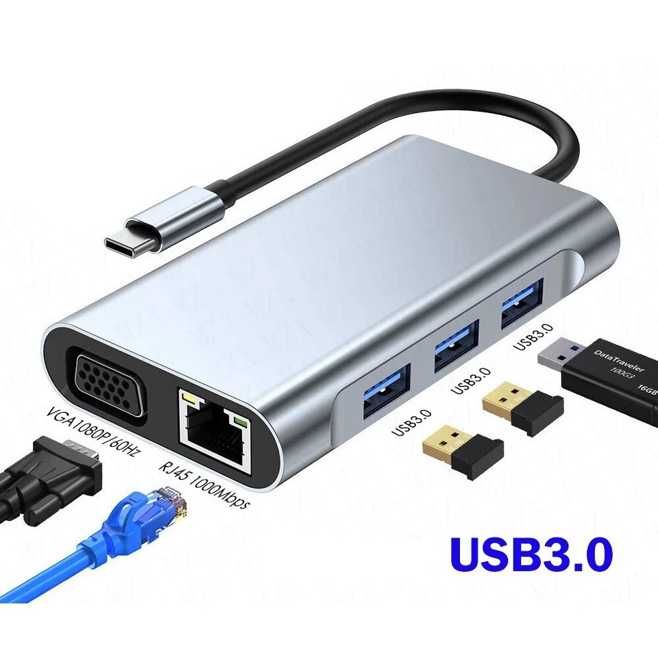 10 in 1 Multiport USB-C Type C Hub To USB 3.0 4K HDMI RJ45 SD TF Ports ...