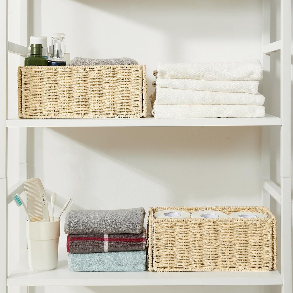 Wicker Storage Basket, Set of 2 Hand-Woven Paper Rope Wicker Basket ...