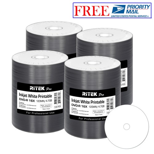 400 Pack Ritek Pro DVD-R 16X 4.7GB White Inkjet Hub Printable Blank ...