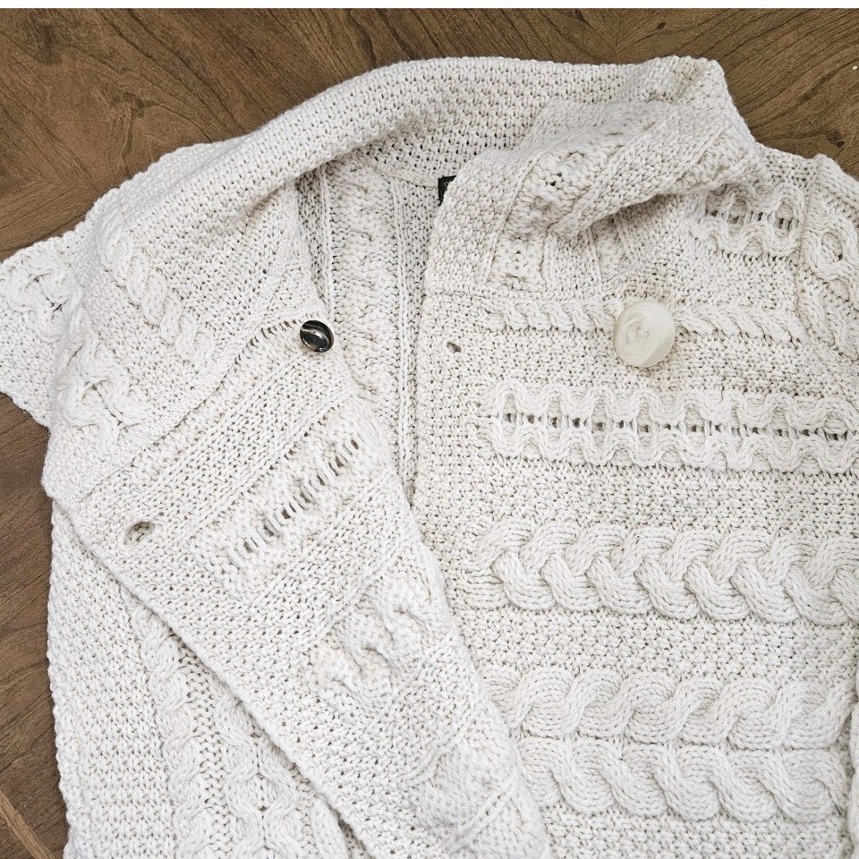 Inis Crafts Merino Wool One Button Beige Cable Knit Cardigan Sweater ...