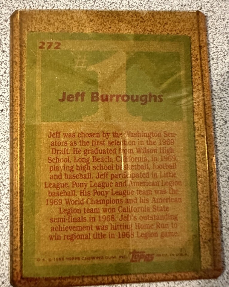 1985 Topps Baseball 1969 #1 Draft Pick Jeff Burroughs #272 Washington ...
