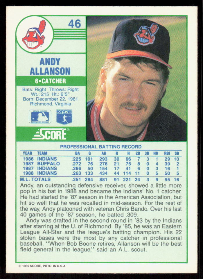 1989 Score 46 Andy Allanson Cleveland Indians | eBay