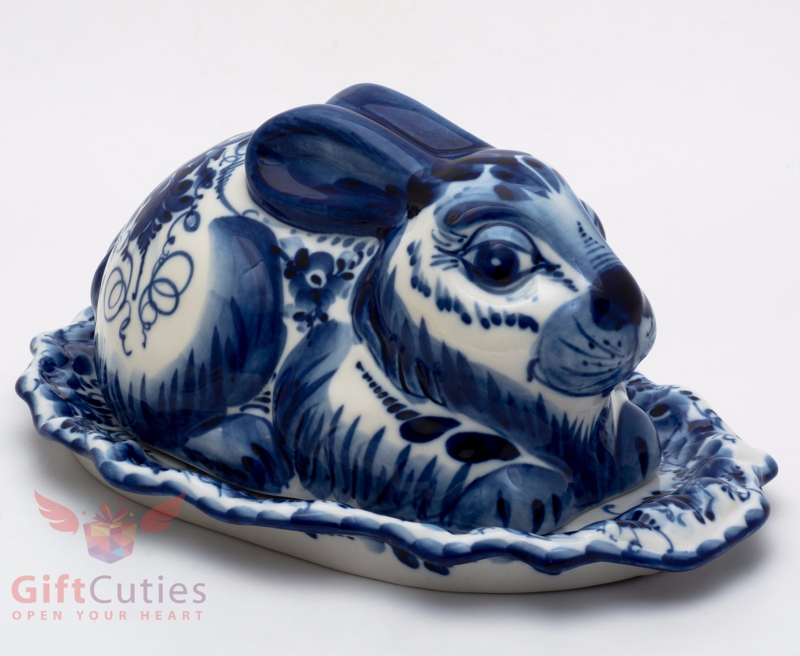 Gzhel Porcelain server plate or butter dish holder Rabbit Hand-painted ...