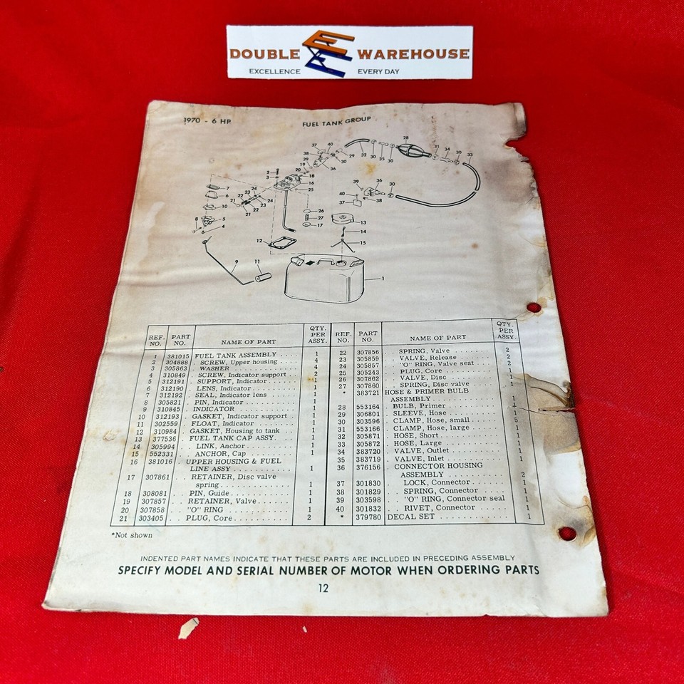 1970 Evinrude Parts Catalog 6 HP Fisherman 279268 6002B 6003B Johnson ...