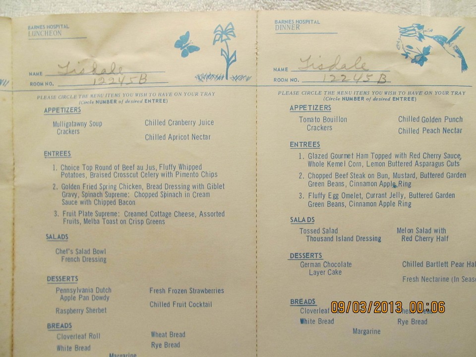 Vintage Menu Barnes Hospital St. Louis Tisdale Breakfast, Lunch ...