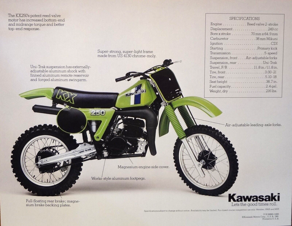 1981 Kawasaki KX250 double-sided sales brochure-literature OEM KX 250 ...
