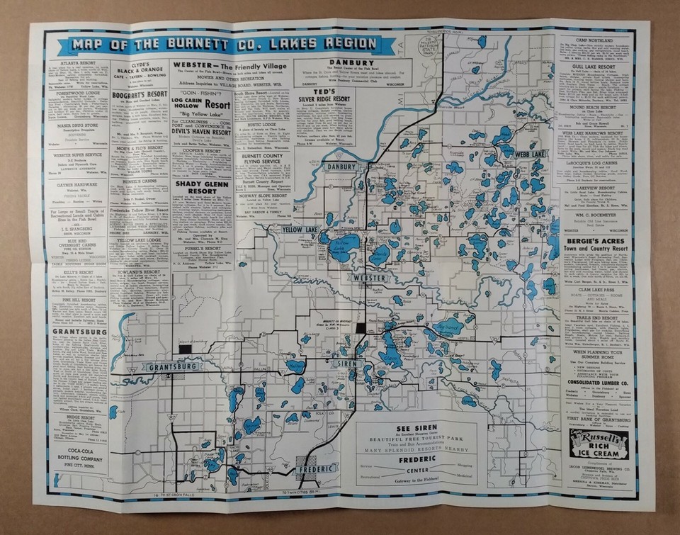 vintage Burnett County Webster Siren WI Wisconsin Vacation Resorts Map ...