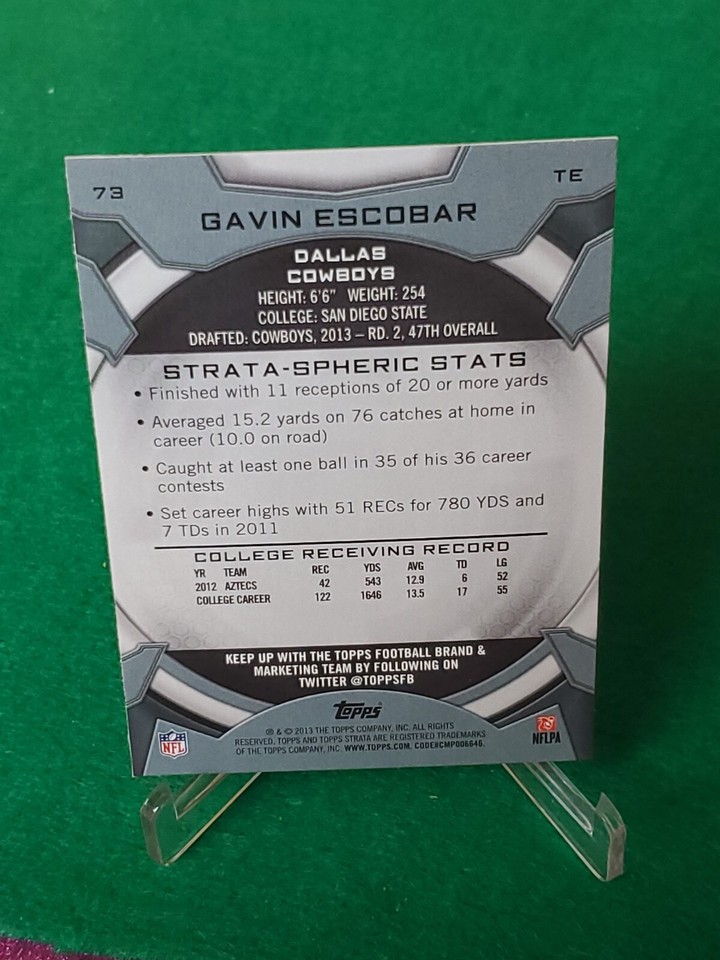 2013 Topps Strata Football #73 Gavin Escobar Rookie Dallas Cowboys RC ...