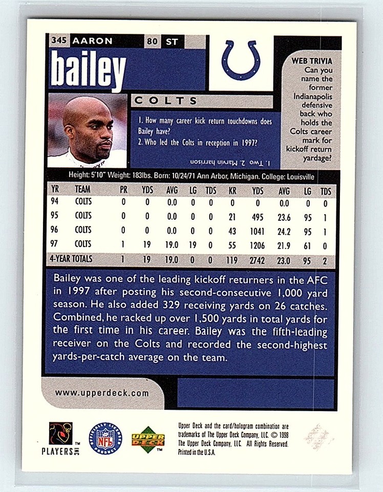 1998 Upper Deck UD Choice Aaron Bailey Indianapolis Colts #345 | eBay