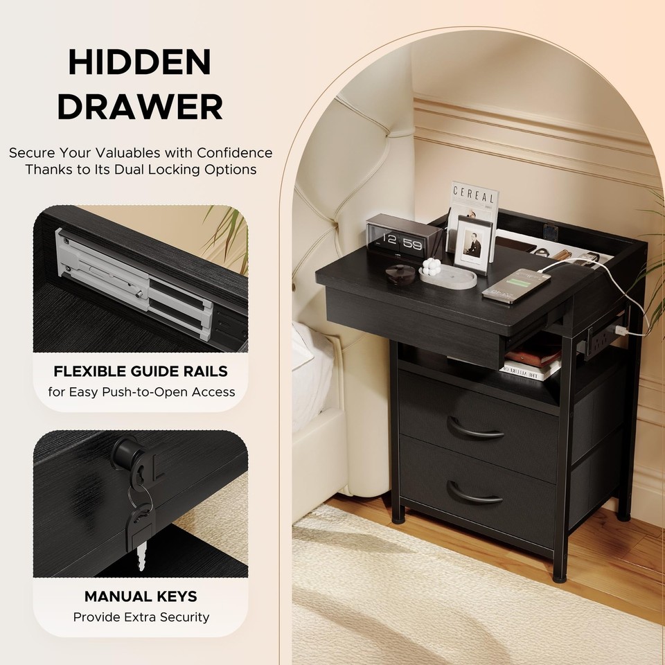 Nightstand Hidden Drawer Charging Table - with Charger Station and ...