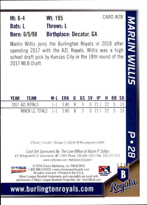 2018 Burlington Royals Choice #28 Marlin Willis Decatur Georgia GA ...