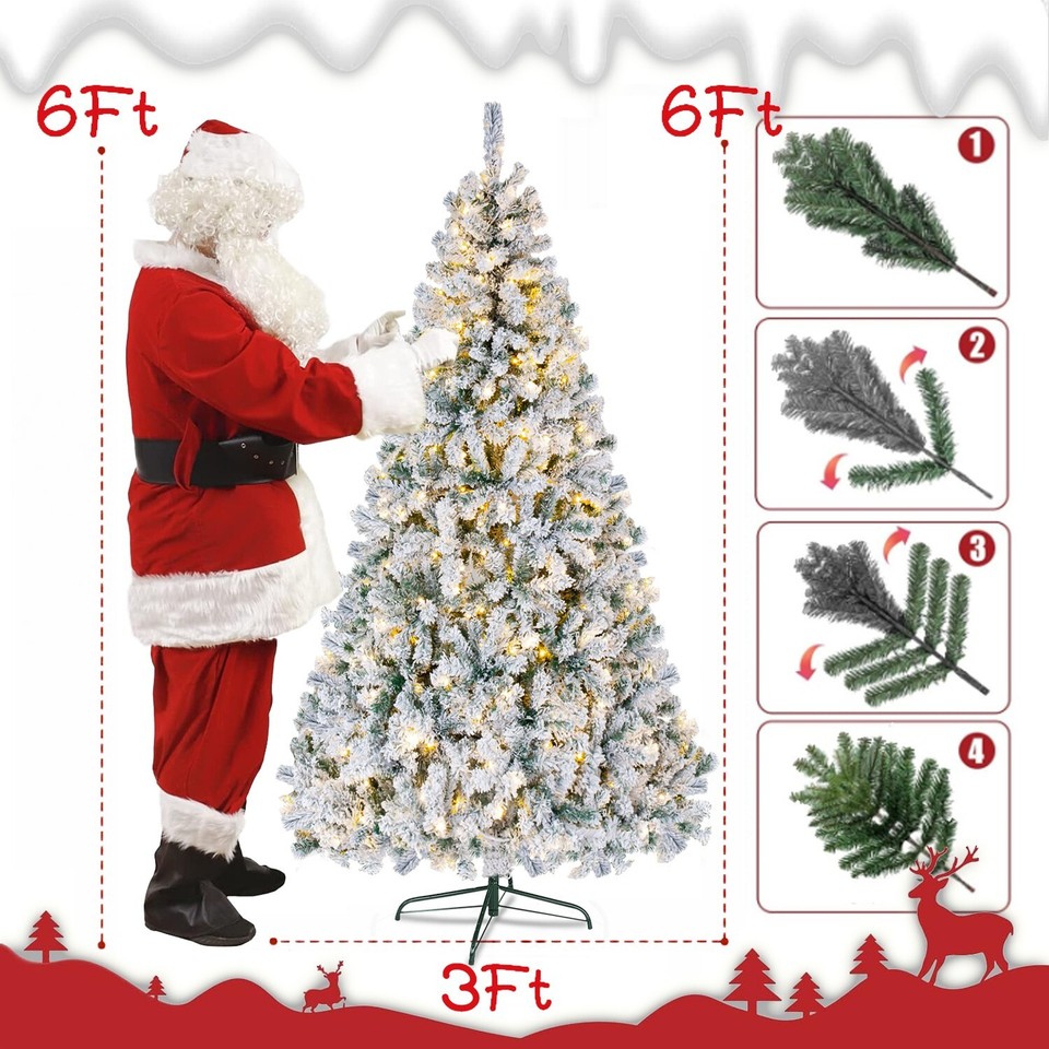 iFanze 6ft Pre-Lit Snow Flocked Christmas Tree with 1000 Tips 250 Warm ...