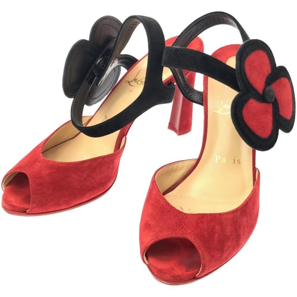 Christian Louboutin Mules Sandals Heel Flower Suede Red EU36 Christian Louboutin Mules Sandals Heel Flower Suede Red EU36